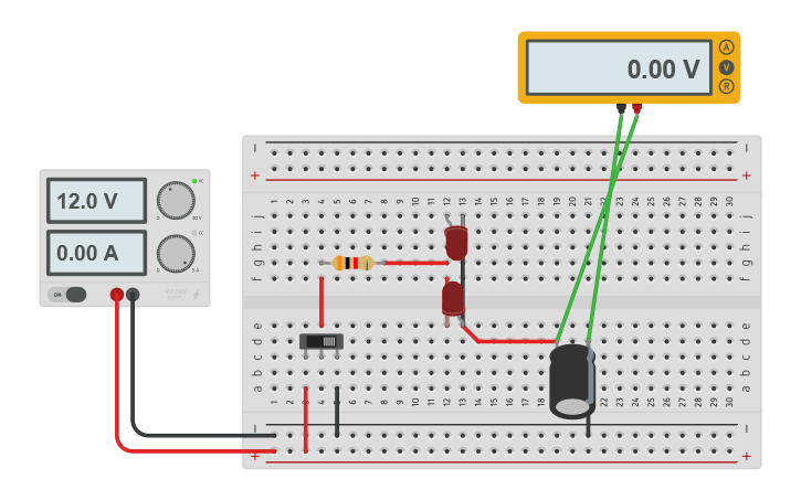 Circuit design Carga e descarga de capacitor com duas leds | Tinkercad