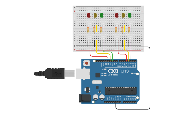 Circuit design Doppio semaforo con arduino | Tinkercad