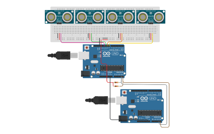 Circuit design Rangkaian I2C Ultrasonic Sensor x4 | Tinkercad