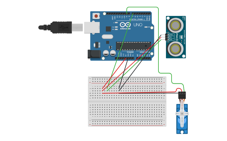 Circuit design Ultrasonic + servo | Tinkercad