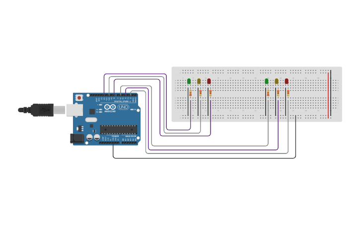 Circuit design Semáforo de doble vía | Tinkercad