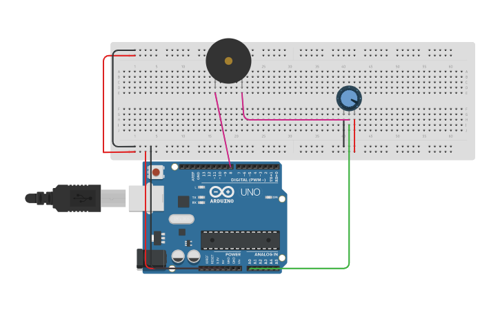 Circuit design BUZZER CON POTENCIOMETRO | Tinkercad