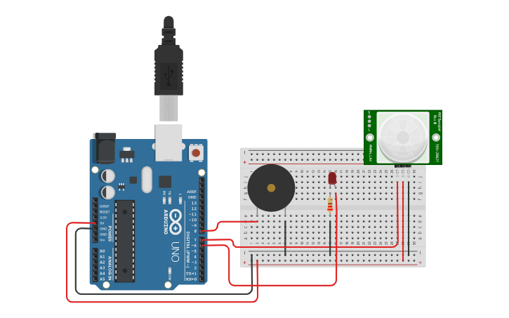 Circuit design Alarma con sensor de movimiento | Tinkercad