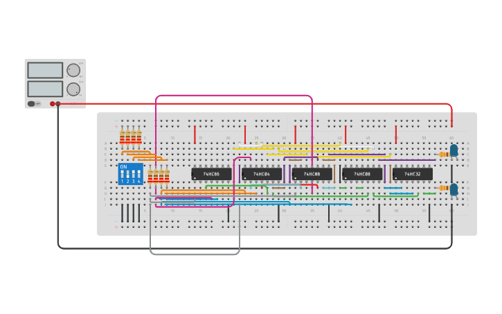 Circuit design Comparador de 2 números de 2 bits | Tinkercad
