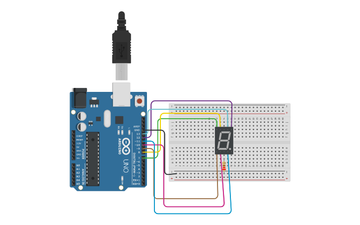 Circuit design CONTADOR 0 A 9 Y APELLIDO CON ARDUINO UNO EN TINKERCAD | Tinkercad
