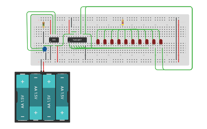 Circuit design 4017 decade counter | Tinkercad
