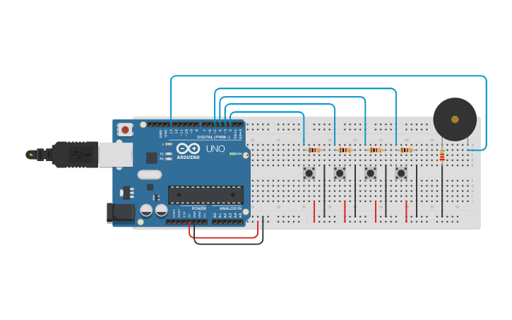 Circuit design 4 DIFFERENT TONES WITH 4 PUSH BUTTONS | Tinkercad