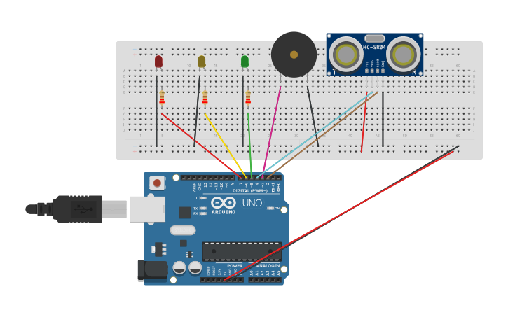 Circuit design Copy of Práctica 12 - Sensor de aparcamiento con luz y ...
