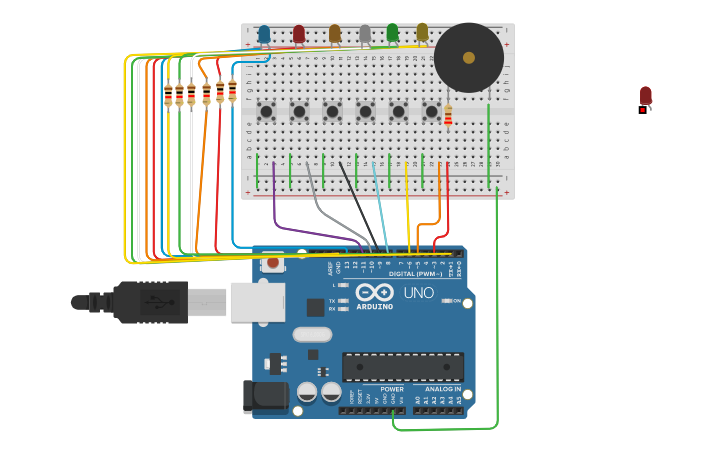 Circuit design Piano with Piezo Buzzer and LED buttons | Tinkercad