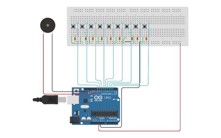 Circuit design Piano en Arduino | Tinkercad