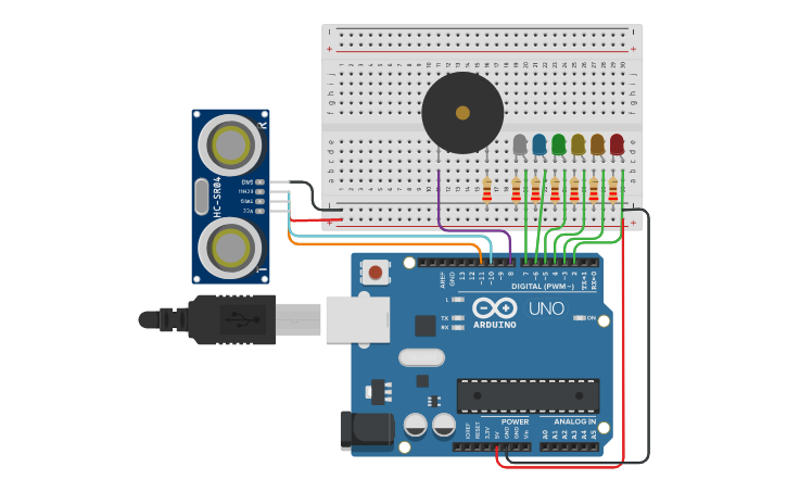 Circuit design ALARMA DE PROXIMIDAD CON SENSOR ULTRASÓNICO | Tinkercad