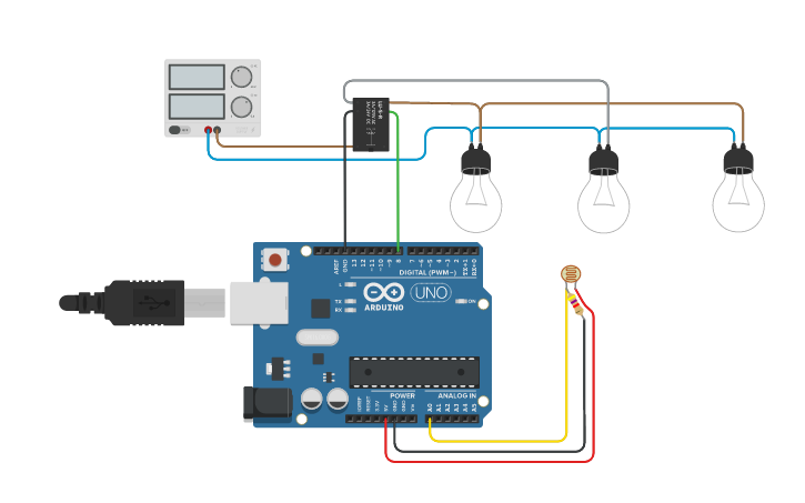 Circuit design Daylight sensor lighting control | Tinkercad