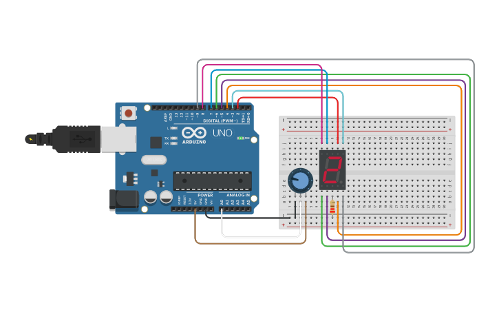 Circuit design Display de 7 segmentos e potenciômetro | Tinkercad Circuit design Display de 7 segmentos e potenciômetro | Tinkercad