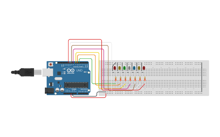 Circuit design Prender leds rapidos en secuencia | Tinkercad