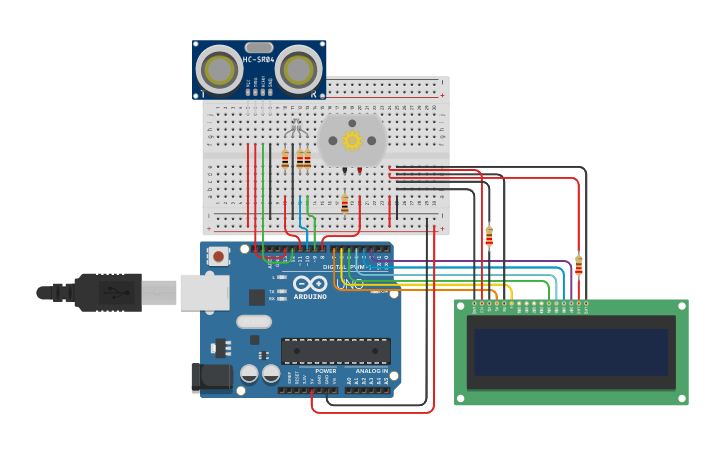 Circuit design Arduino UNO - Sensor de distancia + LCD | Tinkercad