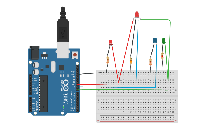 Circuit design LED RGB | Tinkercad