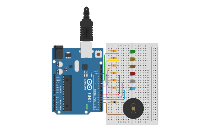Circuit design Musica simples no arduino + leds no ritmo | Tinkercad
