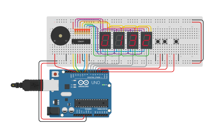 Circuit design Multiplexado Displays de 7 segmentos | Cronómetro | Tinkercad