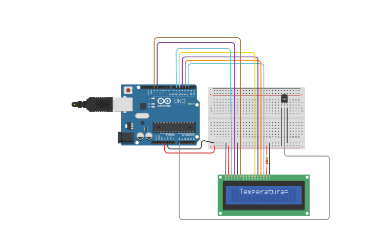 Circuit design Sensor de Temperatura con pantalla LCD | Tinkercad Circuit design Sensor de Temperatura con pantalla LCD | Tinkercad