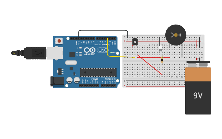 Circuit design NPN transistor with Buzzer,Led | Tinkercad