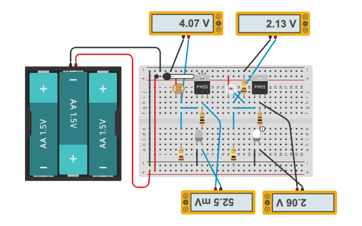 Circuit design LED circuit with a photoresistor and a pMOS FET | Tinkercad