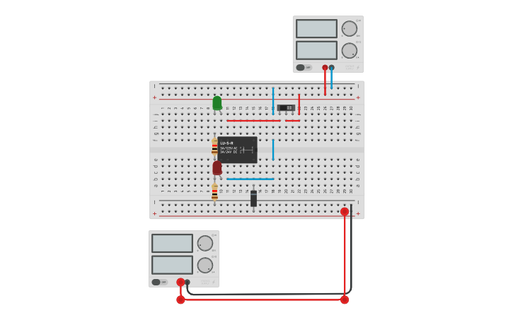 Circuit design Relais LU-5-R et 2 LEDS | Tinkercad