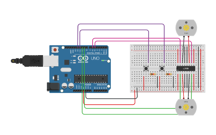 Circuit design DC motor using 2 pushbuttons and L239D IC | Tinkercad