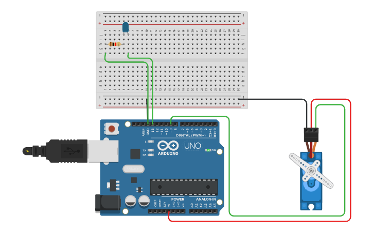 Circuit design Ques 8 turning servo motor with blinking LED | Tinkercad