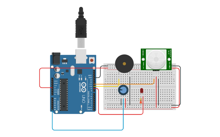 Circuit design Alarme com PIR, Buzzer, Led e a programação do circuito ...