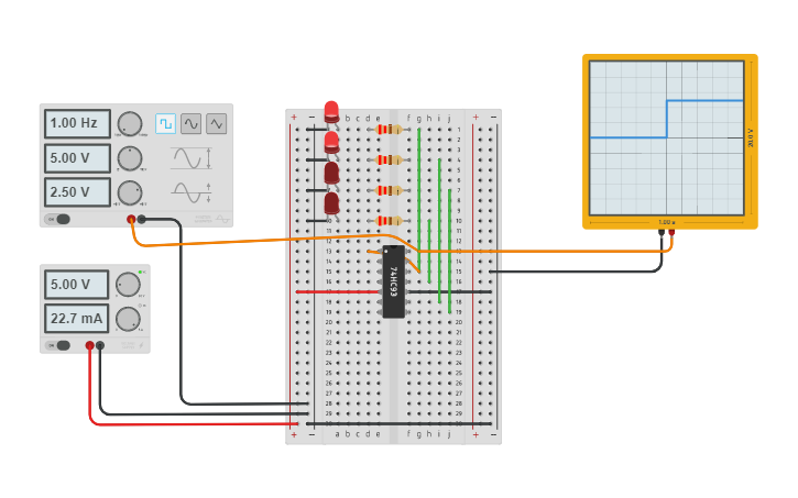 Circuit design mod16 up counter 74HC93 | Tinkercad