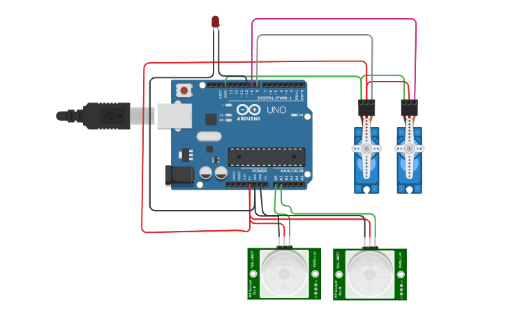 Circuit design ARDUINO PET FEEDER ( 2 servo 2 sensor) | Tinkercad