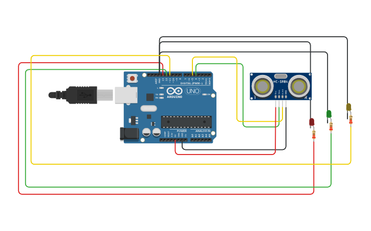 Circuit design Ligando LEDs com sensor ultrassonico | Tinkercad Circuit design Ligando LEDs com sensor ultrassonico | Tinkercad