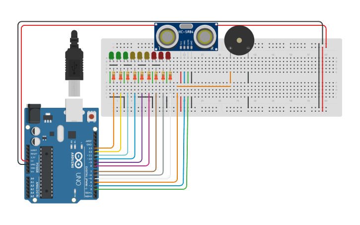 Circuit design LED CONTROL WITH ULTRASONIC DISTANCE SENSOR | Tinkercad