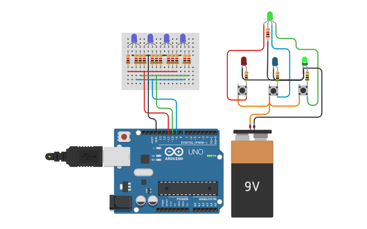Circuit design Led Rgb Arduino/Pulsante | Tinkercad