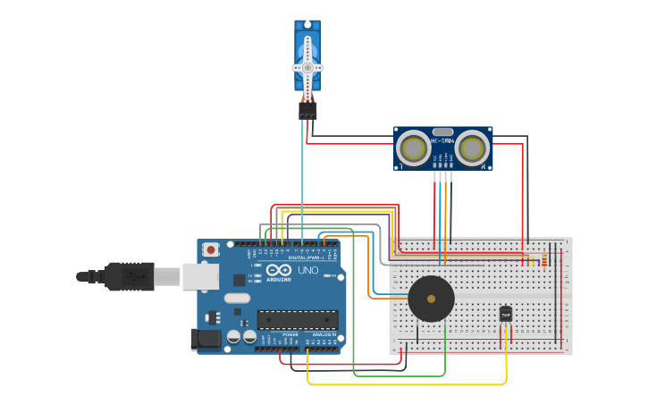 Circuit design Servo motor controlling with ultrasonic sensor | Tinkercad