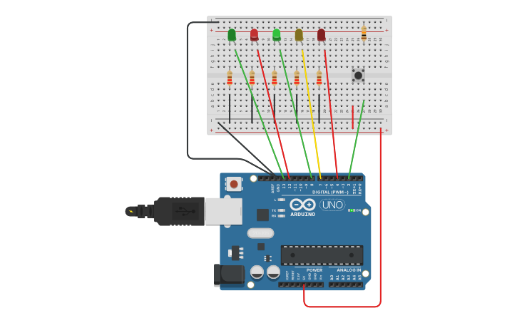 Circuit design Semáforo con pulsador Arduino | Tinkercad
