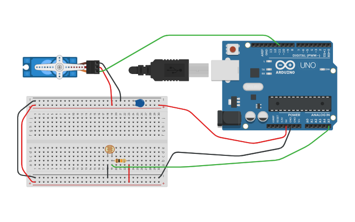 Circuit design SERVO MOTOR CONTROLADO POR SENSOR DE LUZ | Tinkercad