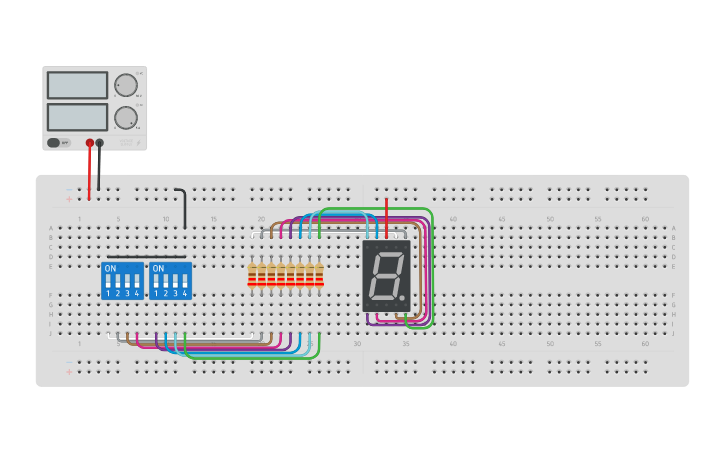 Circuit design Desafio 26 - Display de Sete Segmentos com dip switch | Tinkercad