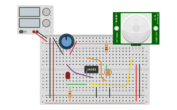 Circuit design Copy of LM393, PIR Sensor Y LDR | Tinkercad