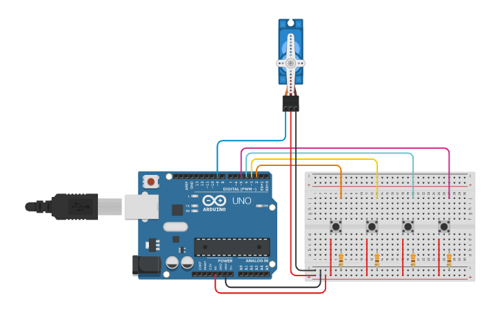 Circuit design Servo motor with Push button control | Tinkercad