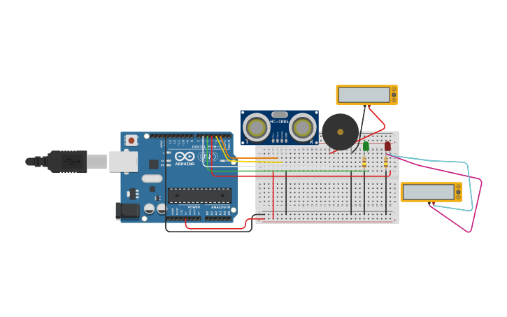 Circuit design ALARMA CON SENSOR DE ULTRASONIDO | Tinkercad