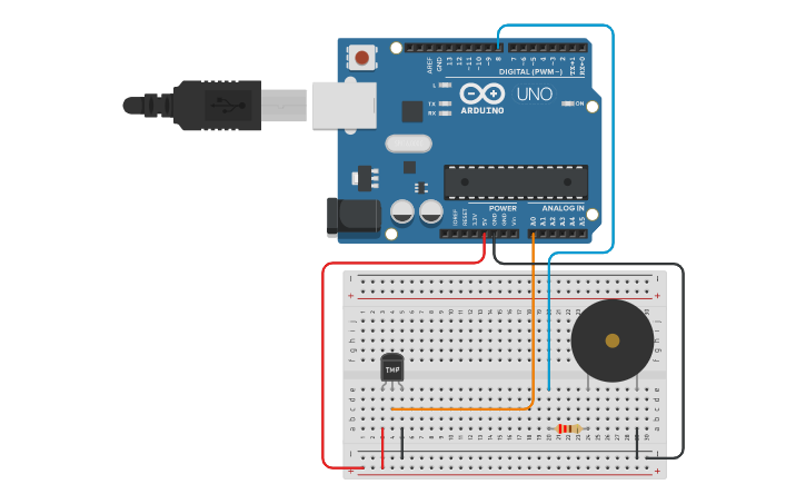 Circuit design Thermistor + Alarm | Tinkercad