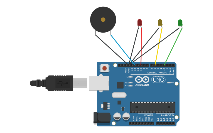 Circuit design Traffic Light with Buzzer | Tinkercad