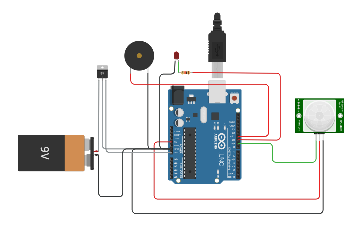 Circuit design PIR Sensor with Burglar Alarm | Tinkercad