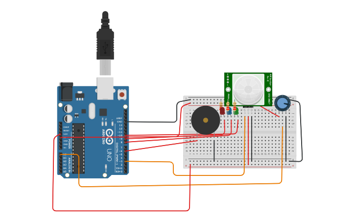 Circuit design Alarme com sensor de movimento | Tinkercad