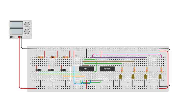 Circuit design Rangkaian Master-Slave JK F-F dengan ic 7473 | Tinkercad