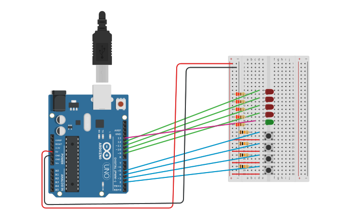 Circuit design Code - etape 2 (séquence allumage des LED) | Tinkercad