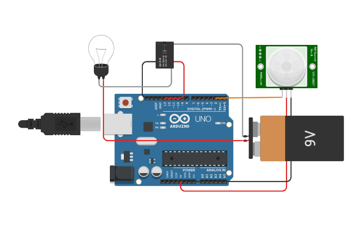 Circuit design PIR LED Relay Reverse | Tinkercad