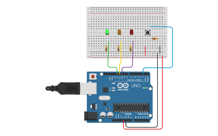 Circuit Design 3 Led With Push Button Tinkercad