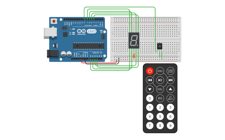Circuit design Remocon_IR sensor_FND | Tinkercad